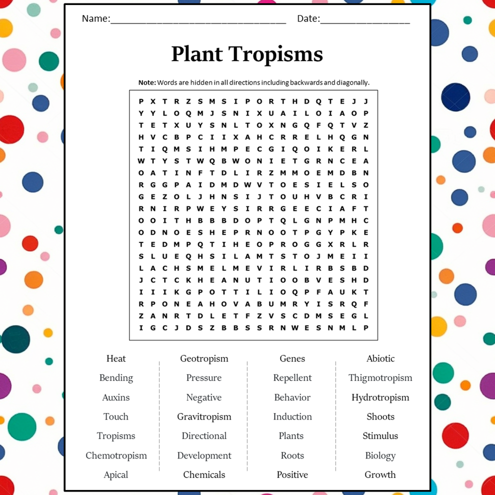 Plant Tropisms Word Search Puzzle Worksheet Activity PDF – PrintableBazaar