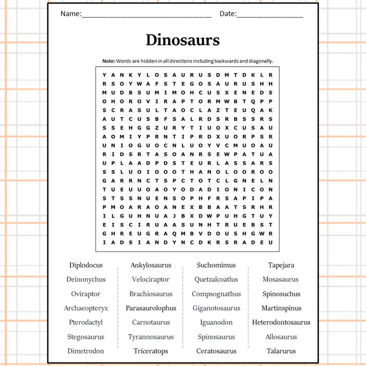 Dinosaurs Word Search Puzzle Worksheet Activity PDF – PrintableBazaar