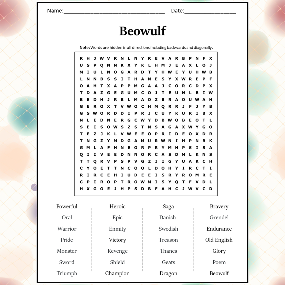 Beowulf Word Search Puzzle Worksheet Activity PDF – PrintableBazaar