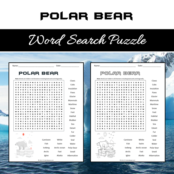 Polar Bear Word Search Puzzle Worksheet PDF – PrintableBazaar