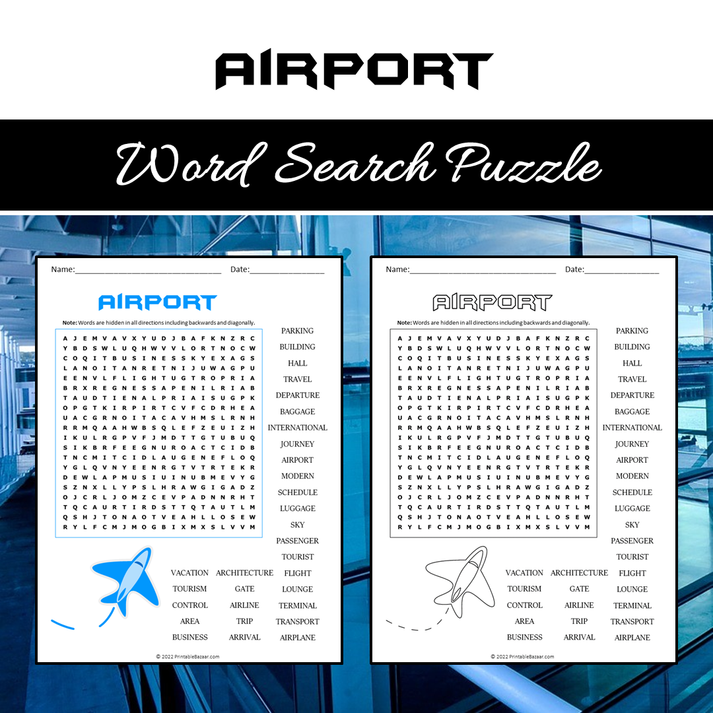 Airport Word Search Puzzle Worksheet PDF – PrintableBazaar