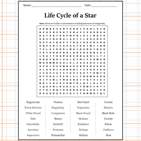 Life Cycle Of A Star Word Search Puzzle Worksheet Activity PDF ...