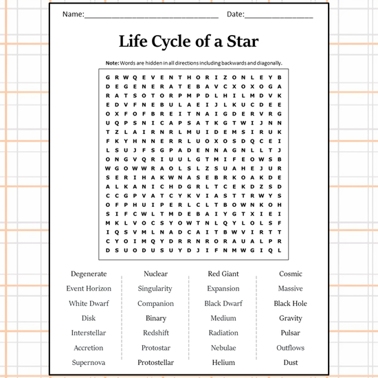 Life Cycle Of A Star Word Search Puzzle Worksheet Activity PDF ...