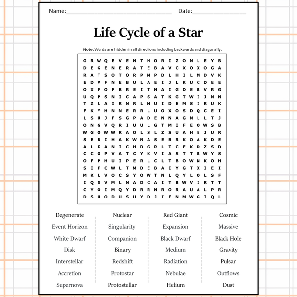 Life Cycle Of A Star Word Search Puzzle Worksheet Activity PDF ...