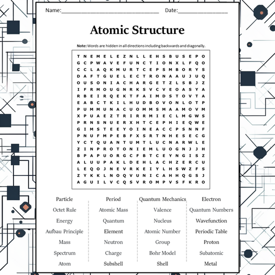 Atomic Structure Word Search Puzzle Worksheet Activity PDF ...