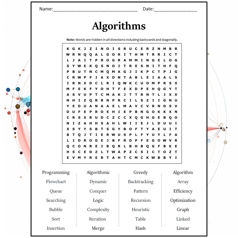 Algorithms Word Search Puzzle Worksheet Activity PDF – PrintableBazaar