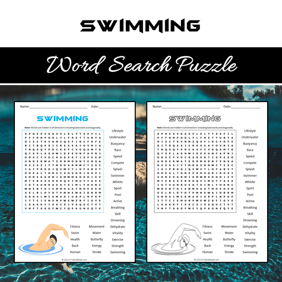 Swimming Word Search Puzzle Worksheet PDF – PrintableBazaar