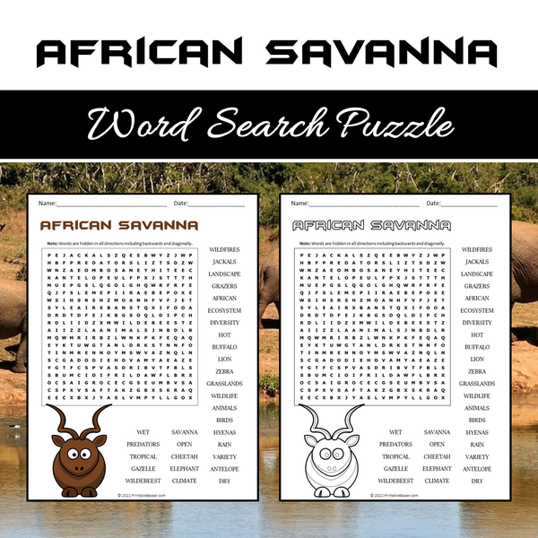 African Savanna Word Search Puzzle Worksheet PDF – PrintableBazaar