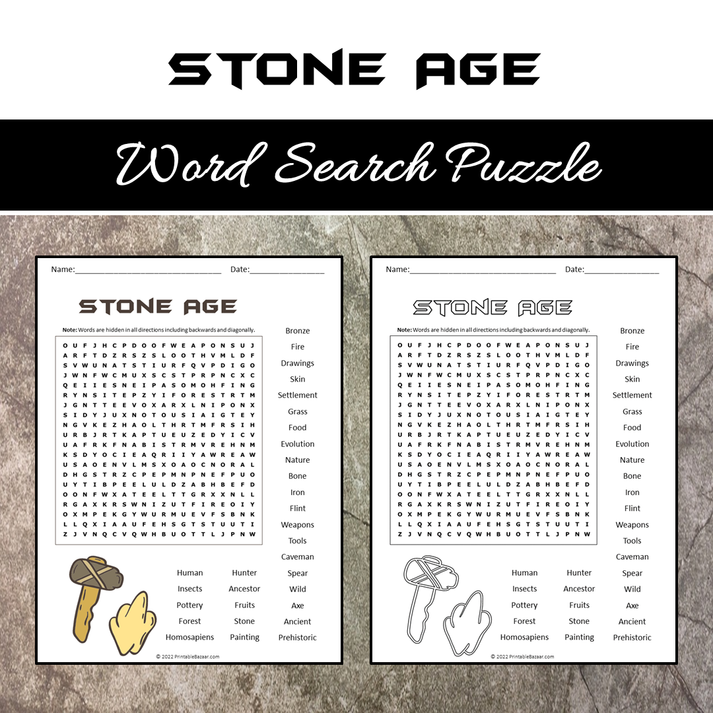 Stone Age Word Search Puzzle Worksheet PDF – PrintableBazaar