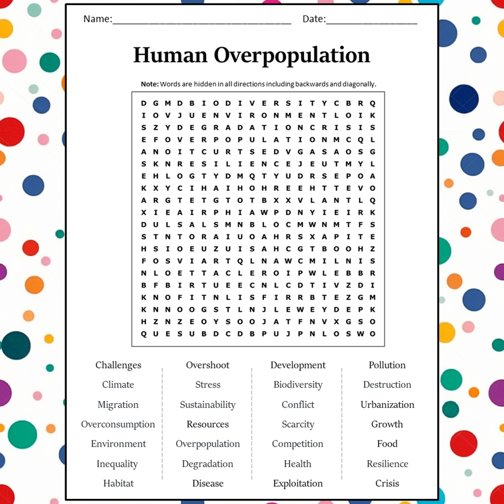 Human Overpopulation Word Search Puzzle Worksheet Activity PDF ...