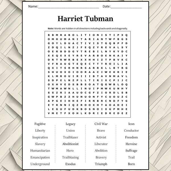 Harriet Tubman Word Search Puzzle Worksheet Activity PDF – PrintableBazaar