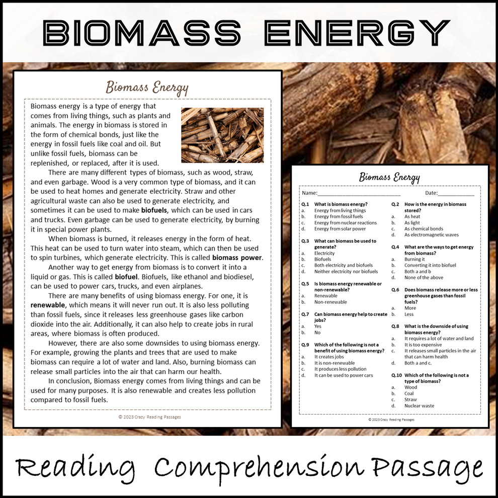 Biomass Energy Reading Comprehension Passage and Questions | Printable ...