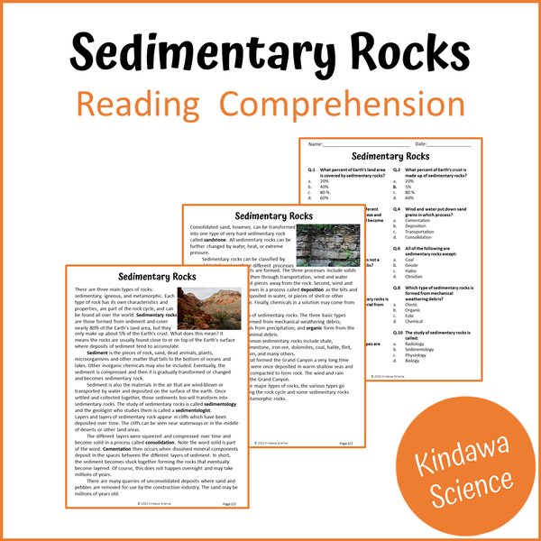 Sedimentary Rocks Reading Comprehension Passage and Questions | Printa ...