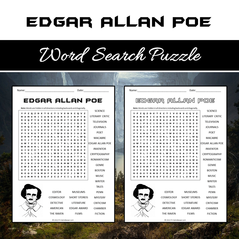Edgar Allan Poe Word Search Puzzle Worksheet PDF – PrintableBazaar