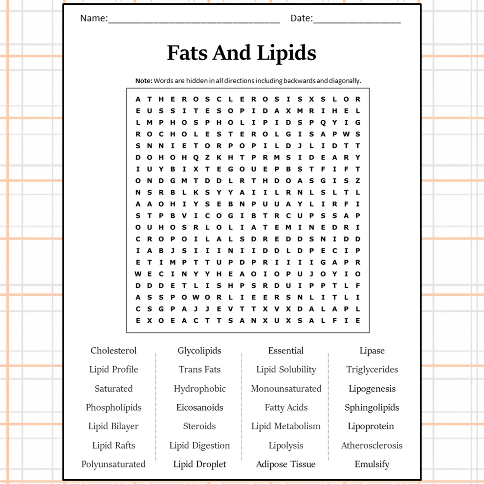 Fats And Lipids Word Search Puzzle Worksheet Activity PDF – PrintableBazaar