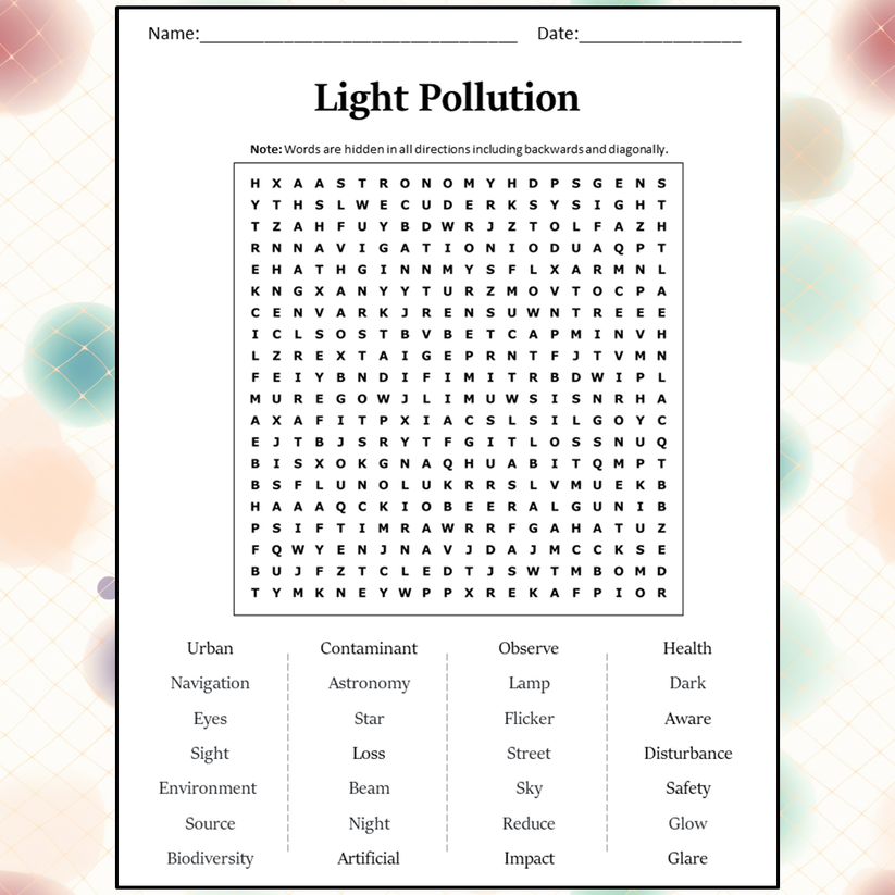 Light Pollution Word Search Puzzle Worksheet Activity PDF – PrintableBazaar