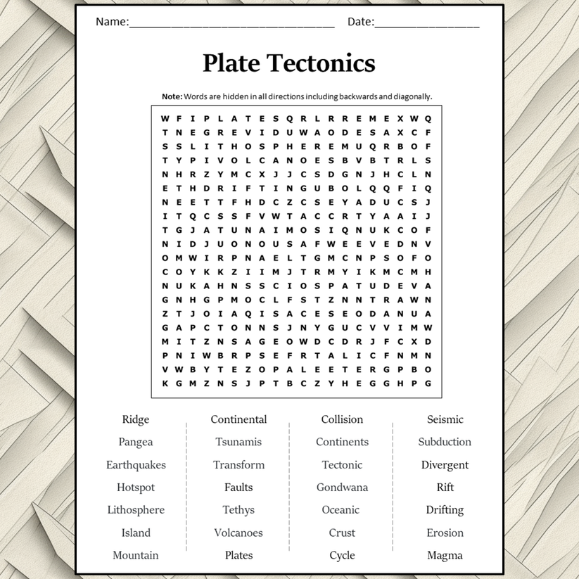 Plate Tectonics Word Search Puzzle Worksheet Activity PDF – PrintableBazaar