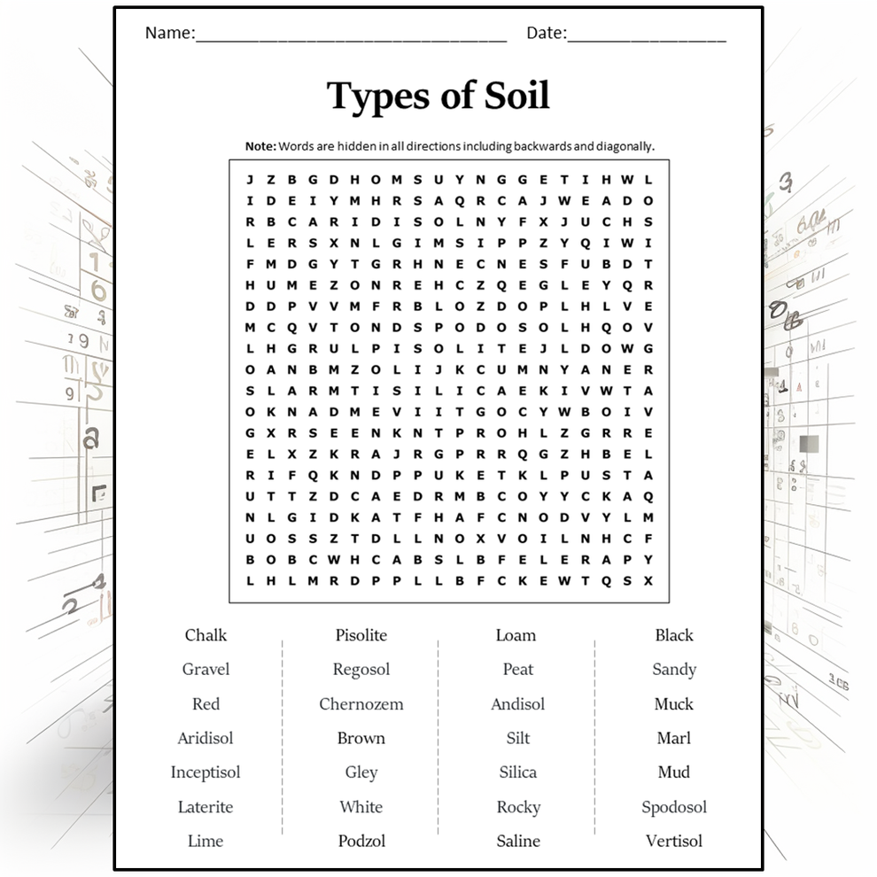 Types Of Soil Word Search Puzzle Worksheet Activity PDF – PrintableBazaar