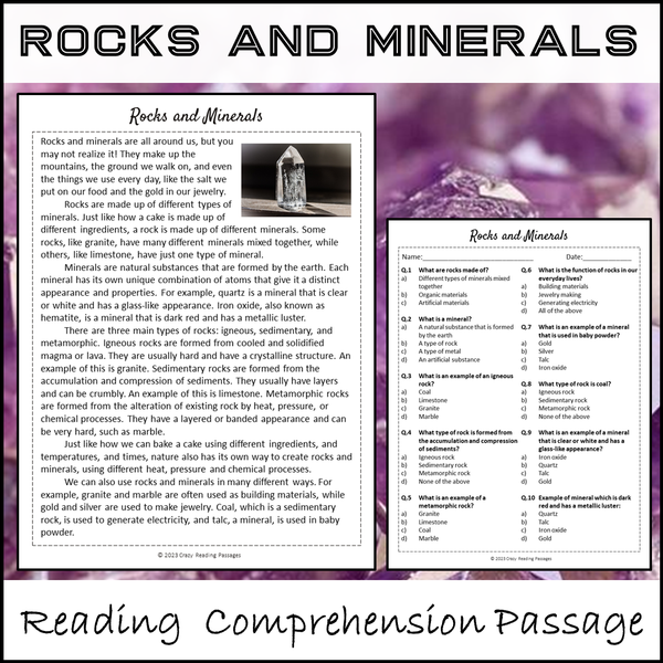 Rocks And Minerals Reading Comprehension Passage and Questions | Print ...