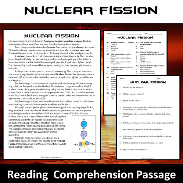 Nuclear Fission Reading Comprehension Passage and Questions | Printabl ...