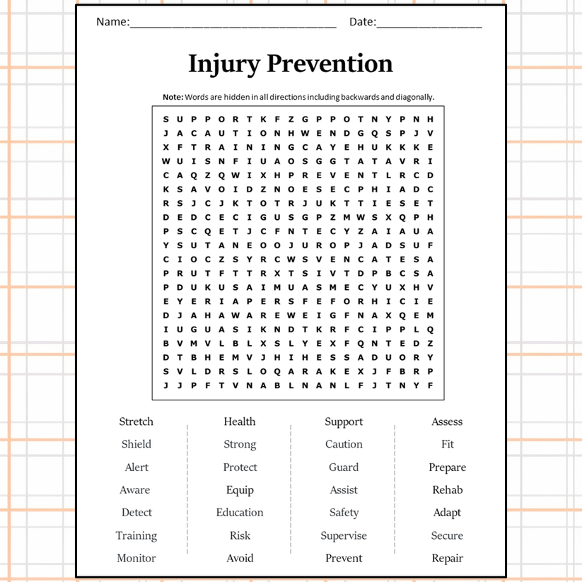 Injury Prevention Word Search Puzzle Worksheet Activity PDF ...