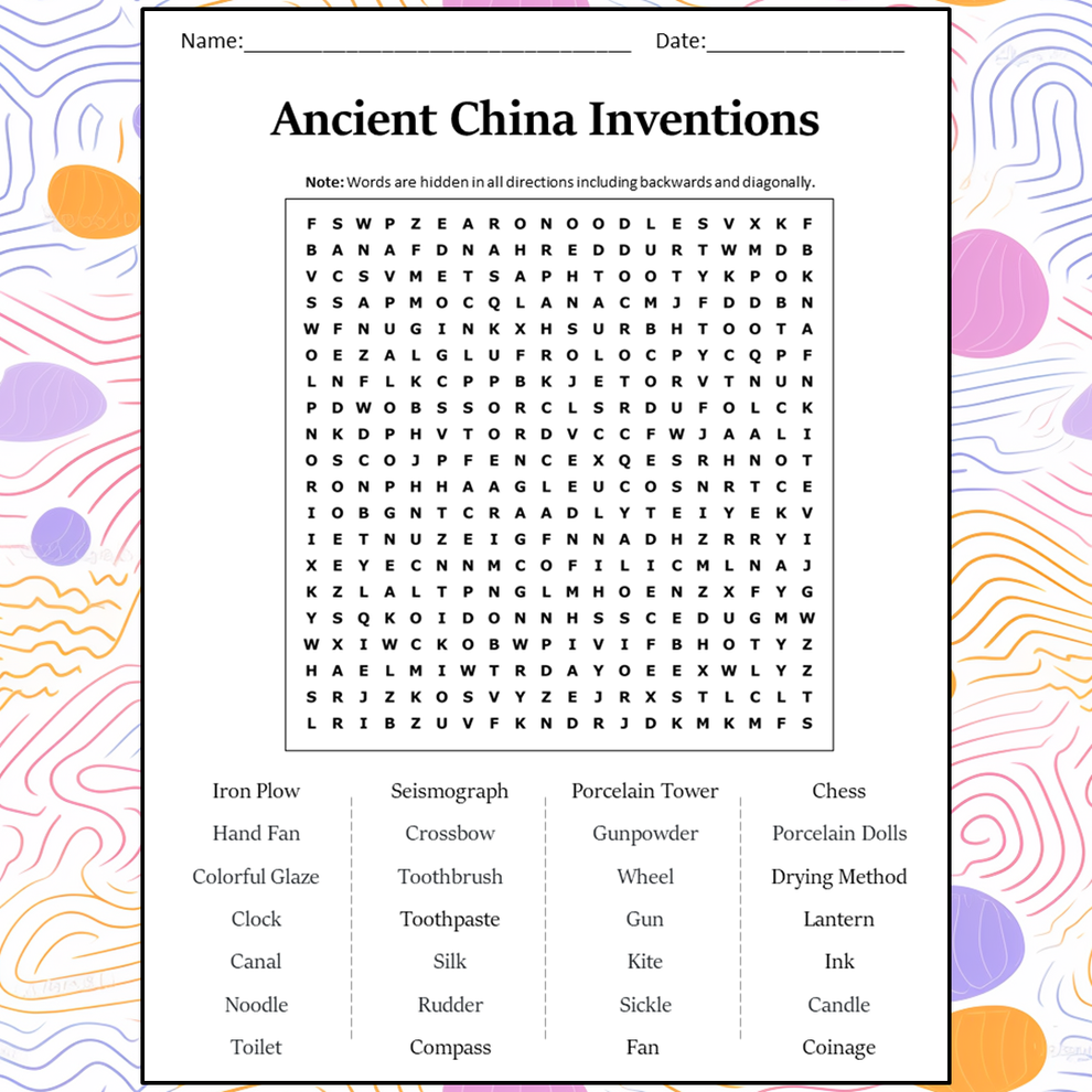 Ancient China Inventions Word Search Puzzle Worksheet Activity PDF ...