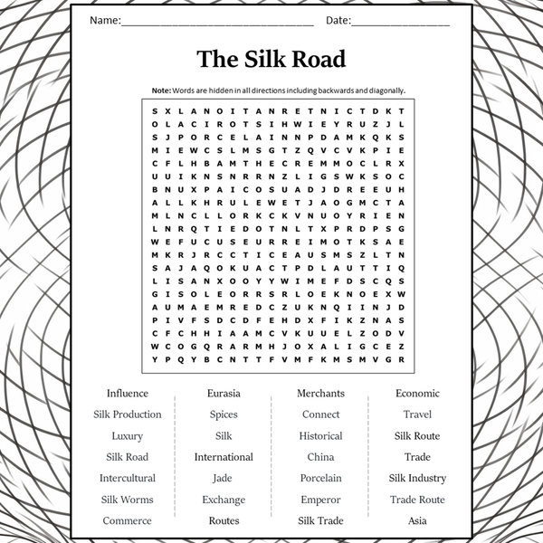 The Silk Road Word Search Puzzle Worksheet Activity PDF – PrintableBazaar