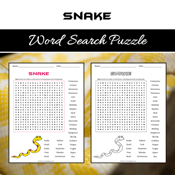 Snake Word Search Puzzle Worksheet PDF – PrintableBazaar