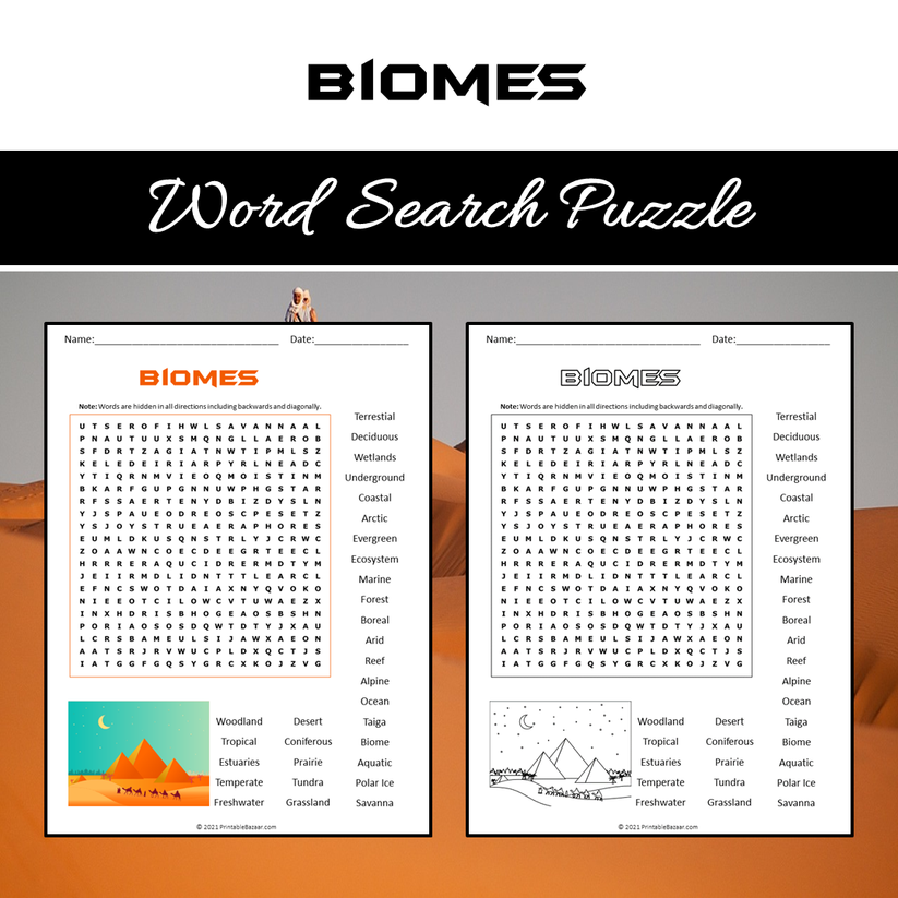 Biomes Word Search Puzzle Worksheet PDF – PrintableBazaar