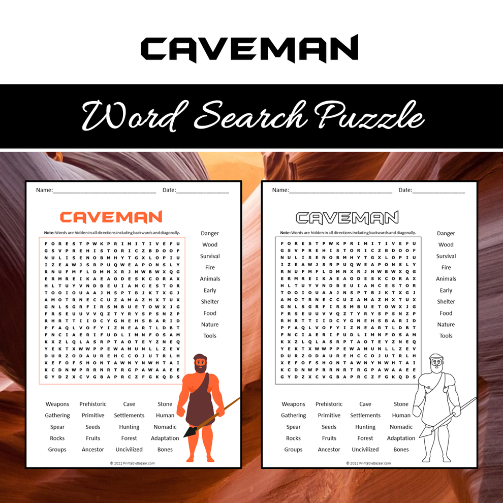 Caveman Word Search Puzzle Worksheet PDF – PrintableBazaar