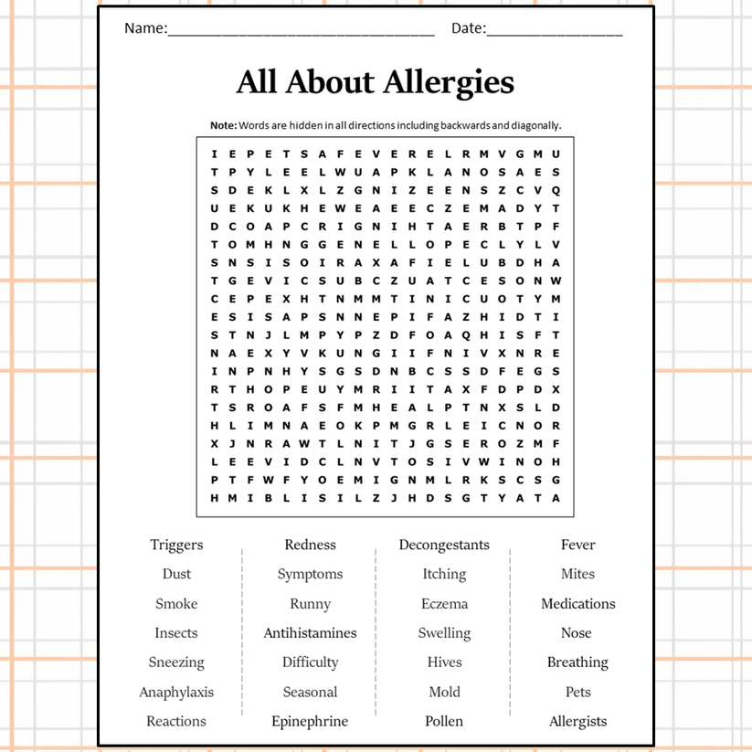 All About Allergies Word Search Puzzle Worksheet Activity PDF ...