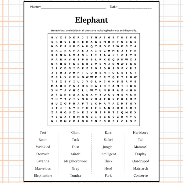 Elephant Word Search Puzzle Worksheet Activity PDF – PrintableBazaar