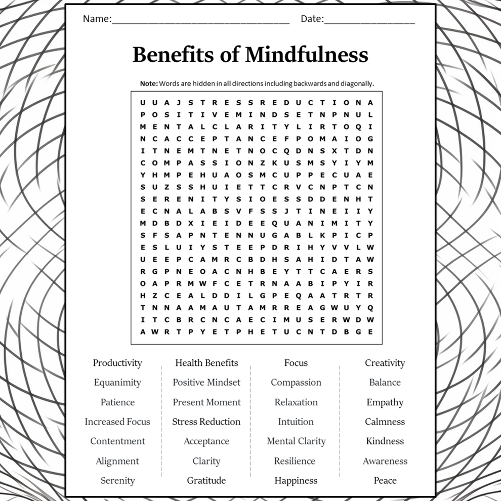 Benefits Of Mindfulness Word Search Puzzle Worksheet Activity PDF ...