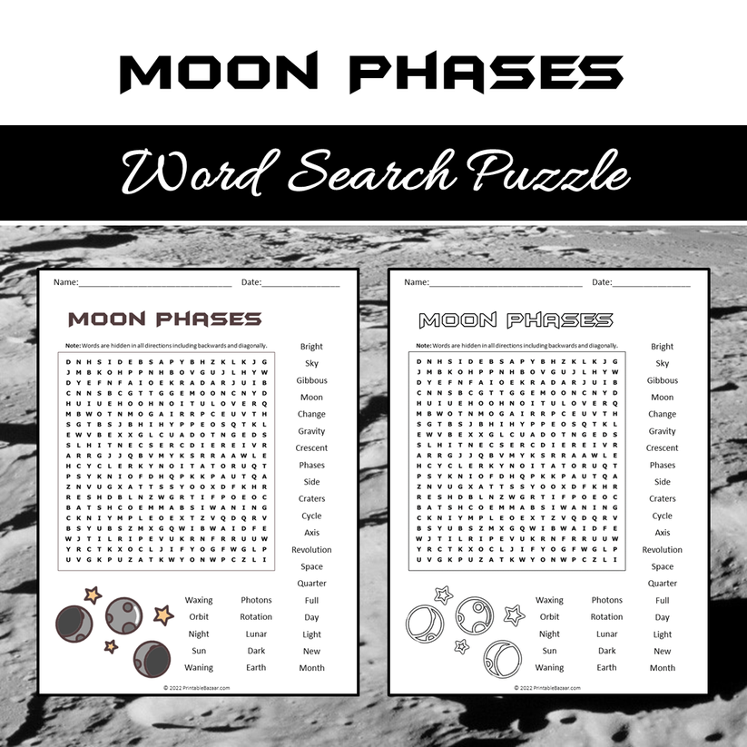 Moon Phases Word Search Puzzle Worksheet PDF – PrintableBazaar