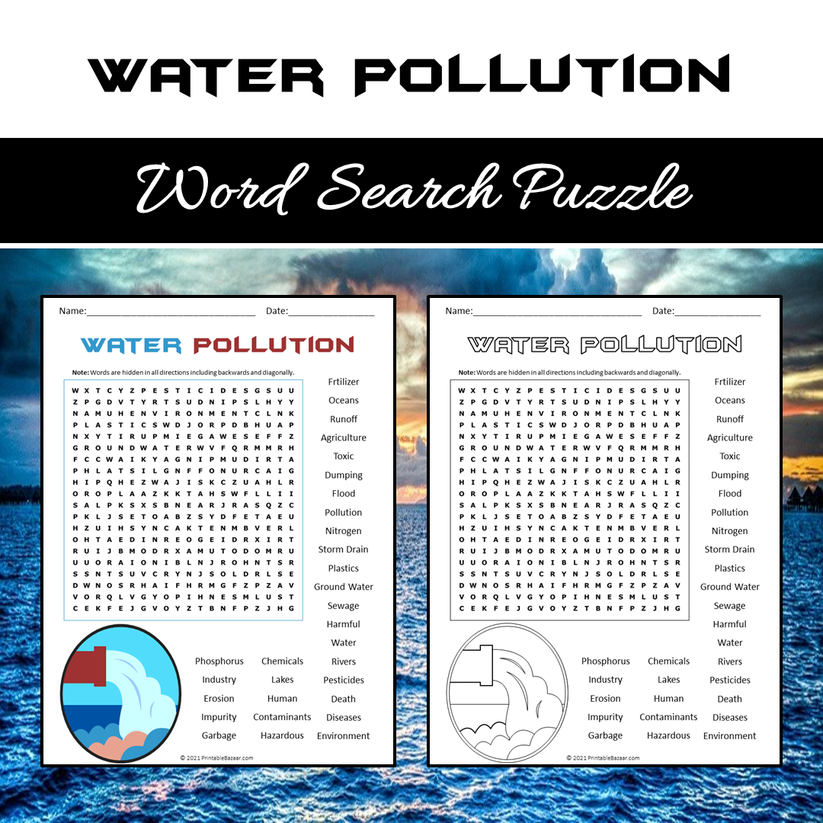 Water Pollution Word Search Puzzle Worksheet PDF – PrintableBazaar