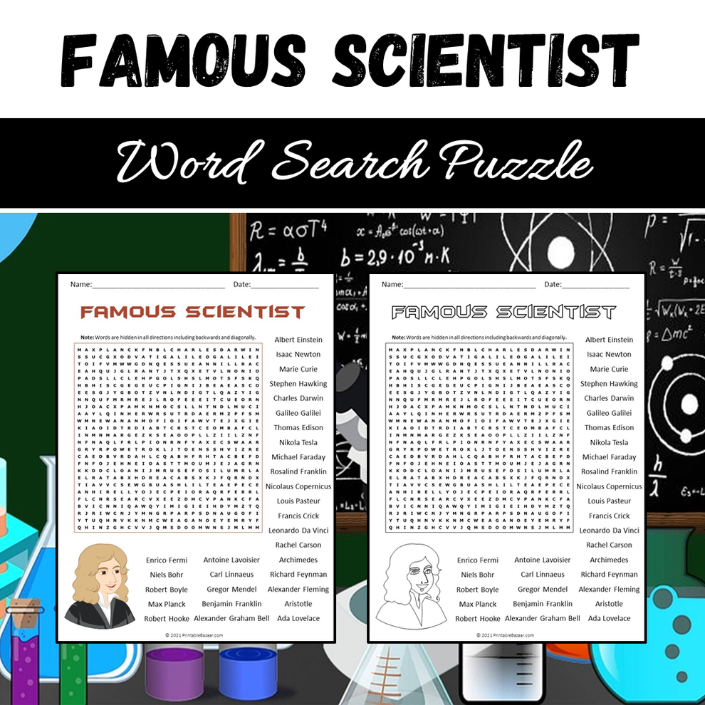 Famous Scientist Word Search Puzzle Worksheet PDF – PrintableBazaar
