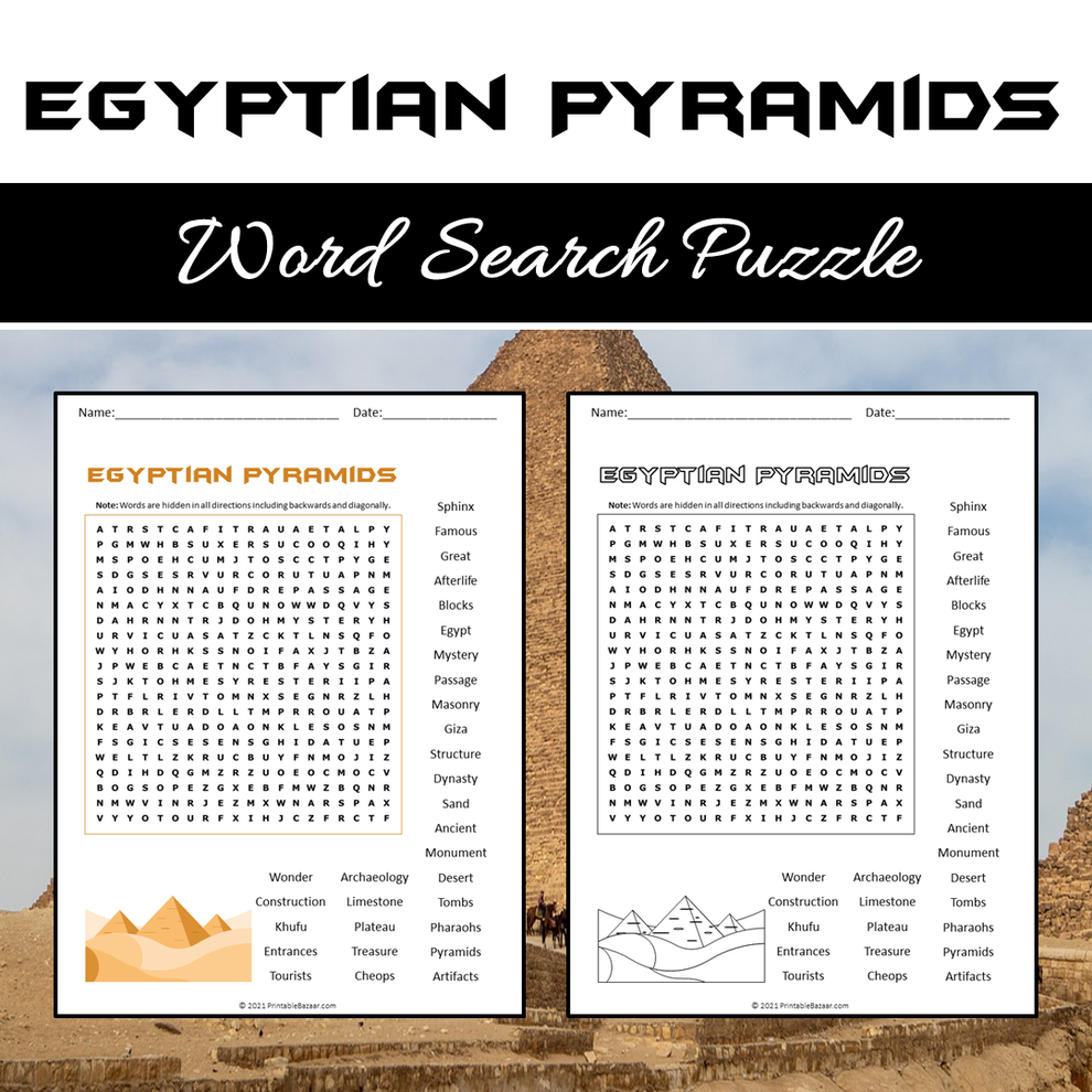 Egyptian Pyramids Word Search Puzzle Worksheet PDF – PrintableBazaar
