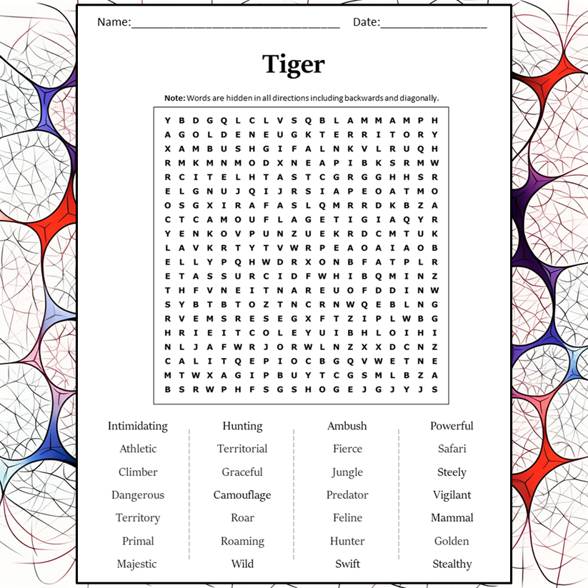 Tiger Word Search Puzzle Worksheet Activity PDF – PrintableBazaar