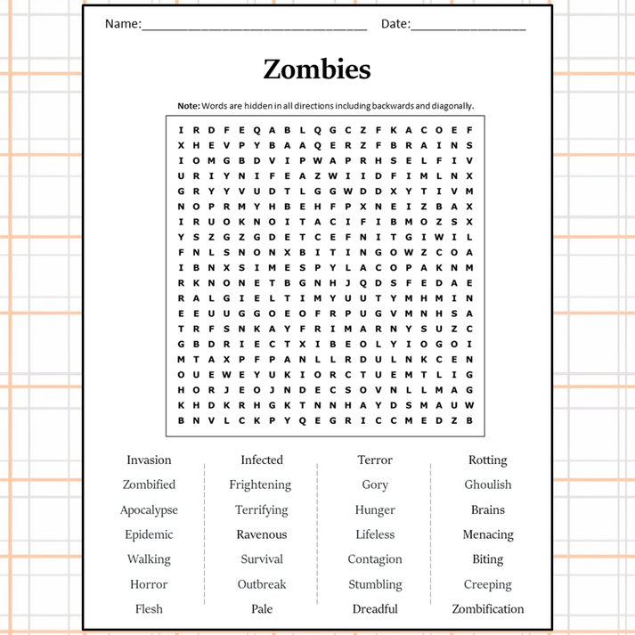 Zombies Word Search Puzzle Worksheet Activity PDF – PrintableBazaar