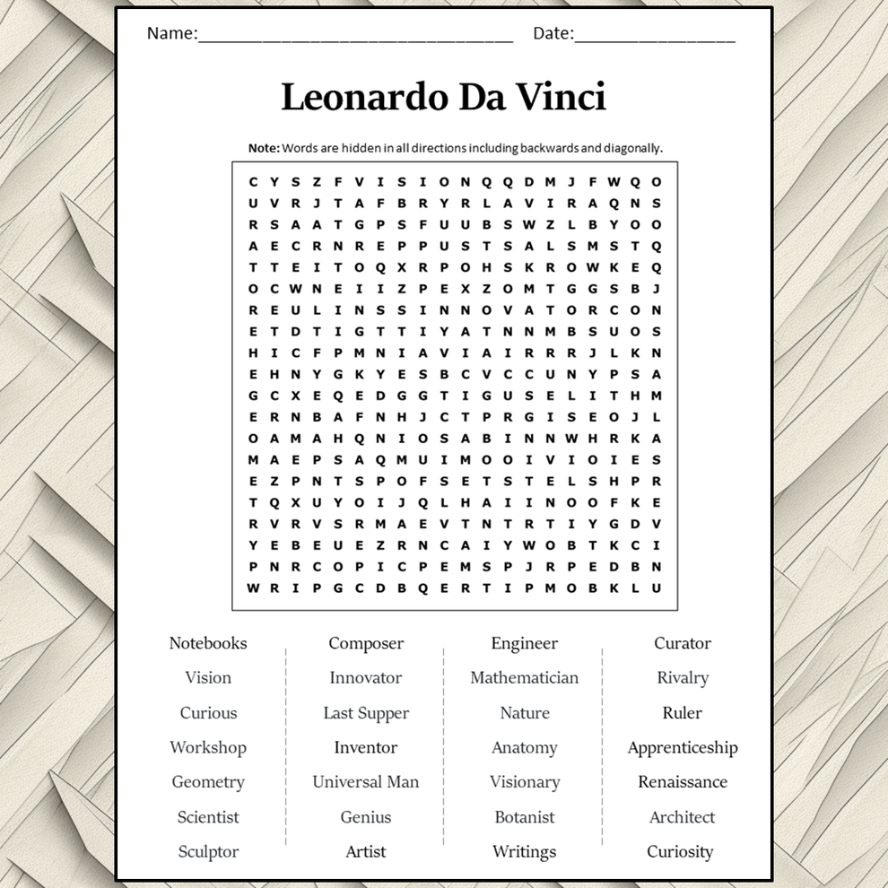 Leonardo Da Vinci Word Search Puzzle Worksheet Activity PDF ...