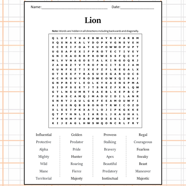 Lion Word Search Puzzle Worksheet Activity PDF – PrintableBazaar