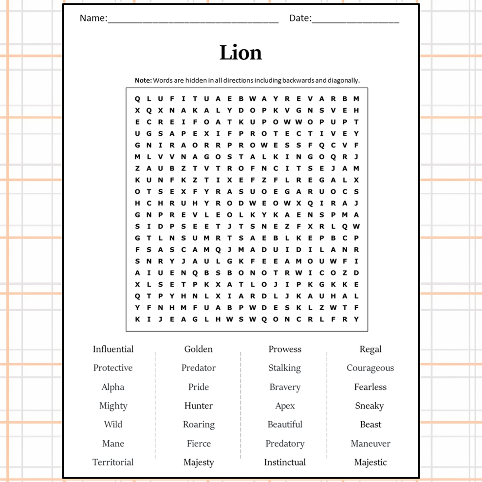 Lion Word Search Puzzle Worksheet Activity PDF – PrintableBazaar