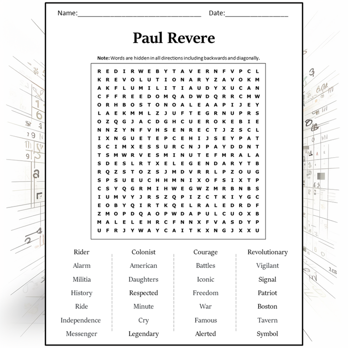 Paul Revere Word Search Puzzle Worksheet Activity PDF – PrintableBazaar