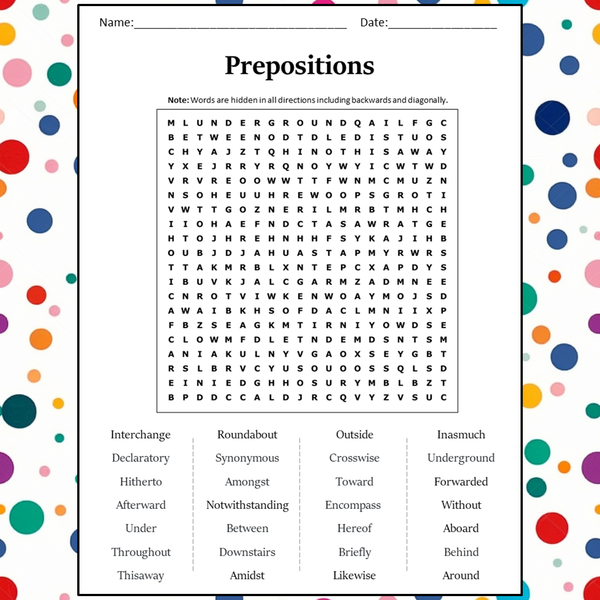 Prepositions Word Search Puzzle Worksheet Activity PDF – PrintableBazaar