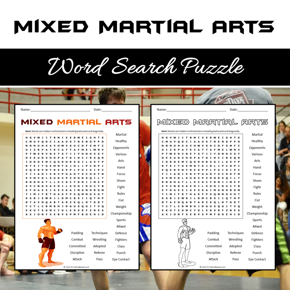 Mixed Martial Arts Word Search Puzzle Worksheet PDF – PrintableBazaar