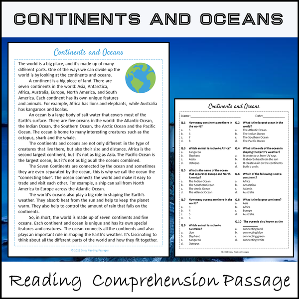 Continents And Oceans Reading Comprehension Passage and Questions | Pr ...