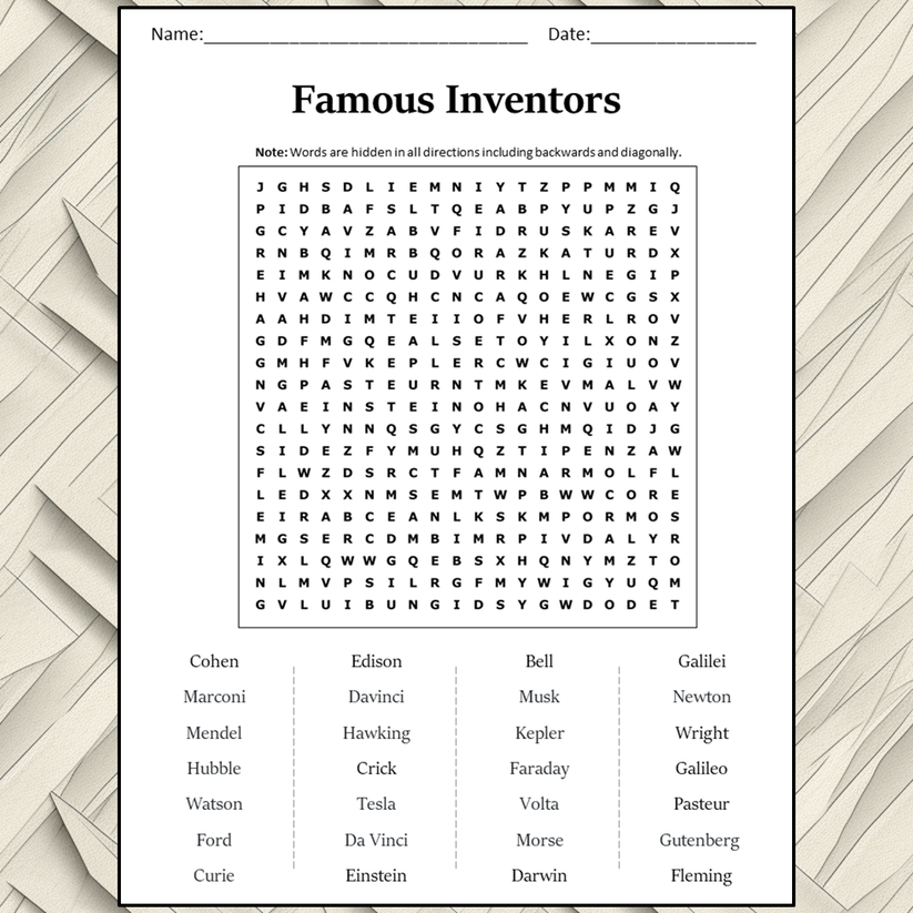 Famous Inventors Word Search Puzzle Worksheet Activity PDF ...