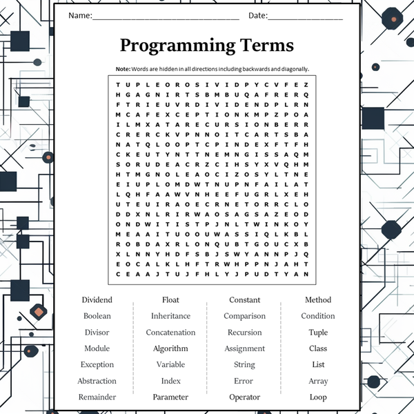 Programming Terms Word Search Puzzle Worksheet Activity PDF ...