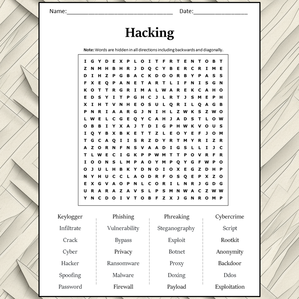Hacking Word Search Puzzle Worksheet Activity PDF – PrintableBazaar