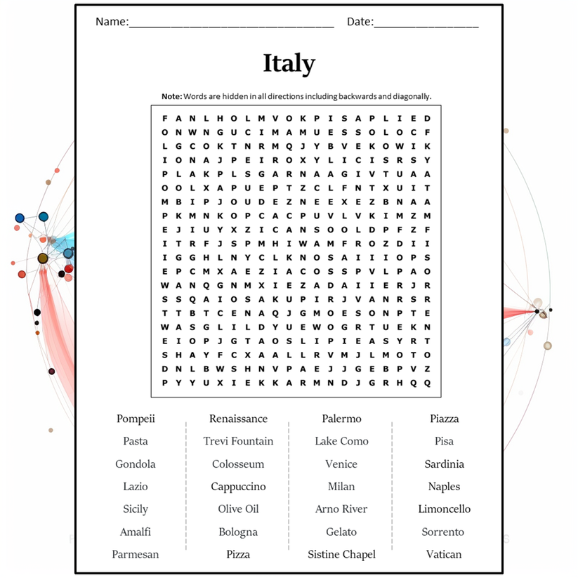 Italy Word Search Puzzle Worksheet Activity PDF – PrintableBazaar